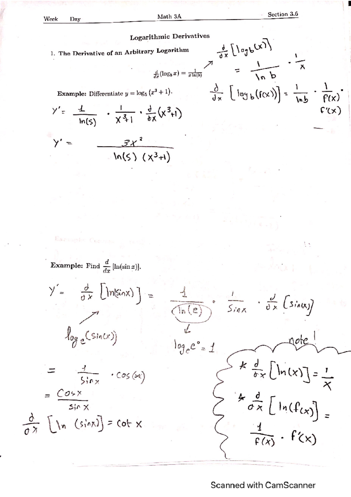 Lecture Notes on Logarithmic Derivatives - Math 3A Sections 3.6 & 3.7 ...
