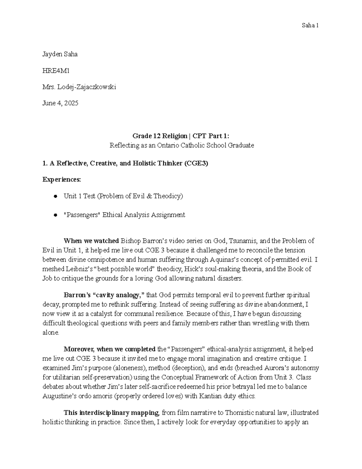 Grade 12 Religion CPT Part 1: Reflections on Catholic Graduate ...