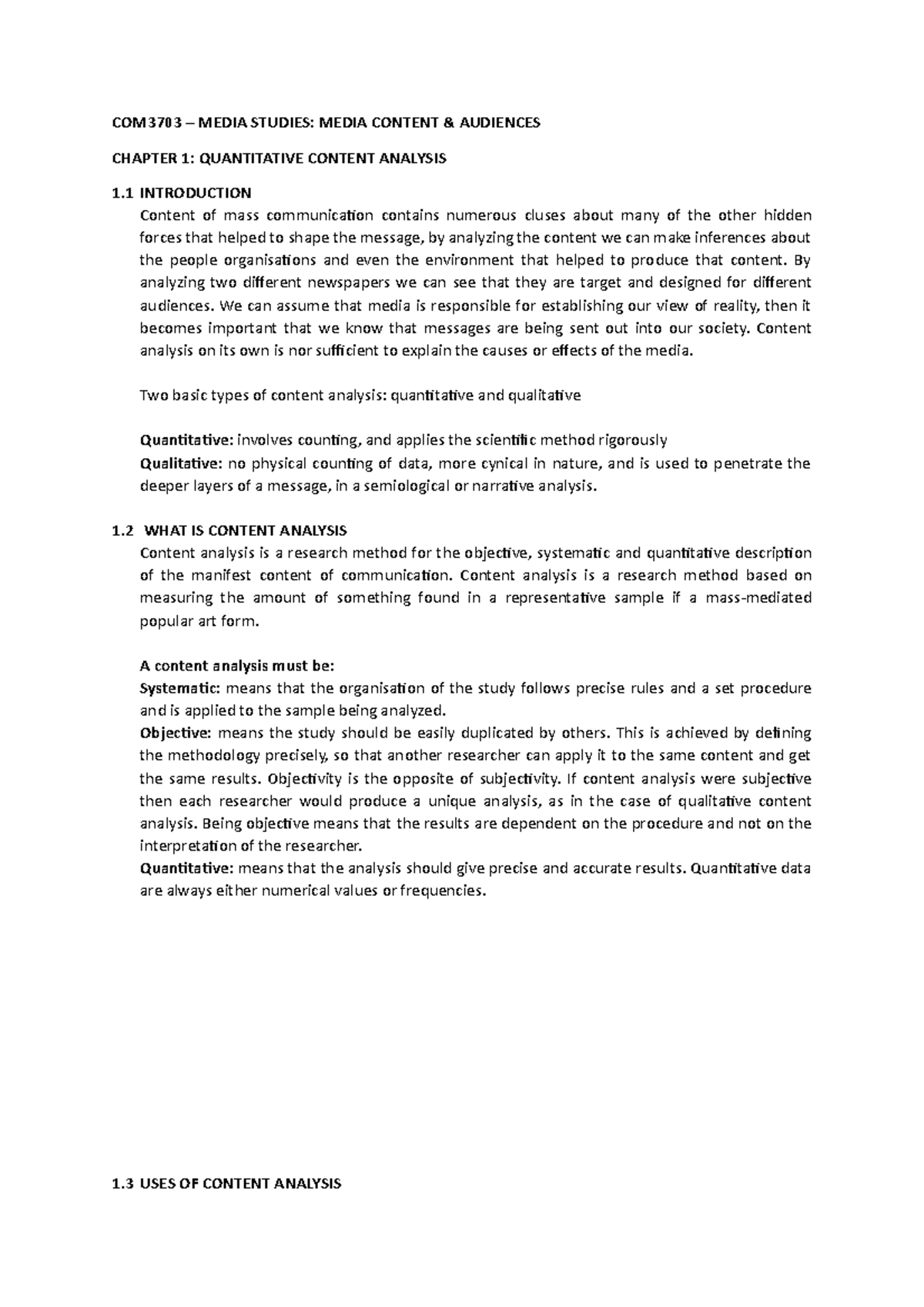 COM3703 Study Notes: Media Content & Audience Analysis Techniques - Studocu