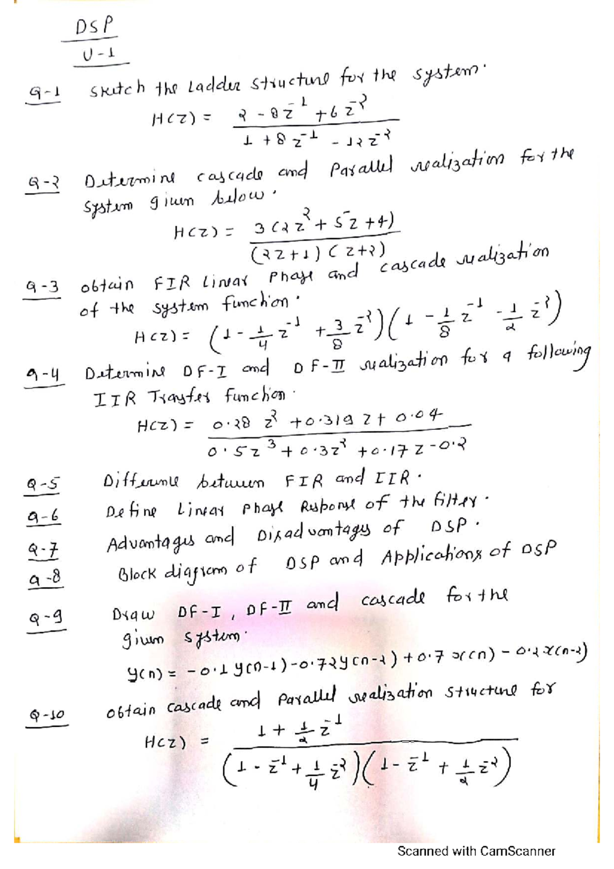 DSP Important Questions U 1: Ladder Structure & Realizations - Studocu