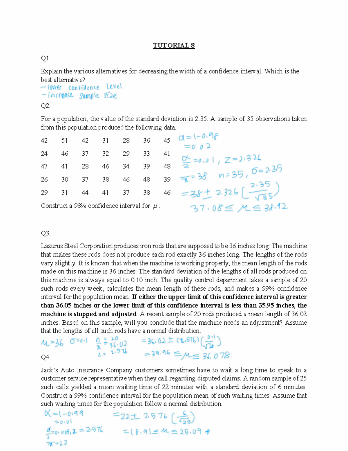 Tutorial 8 - Confidence Intervals & Sample Size Estimation - Studocu