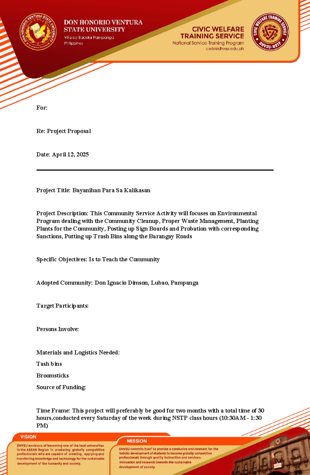 CWTS2 Project Proposal Template - For: Re: Project Proposal Date: April ...