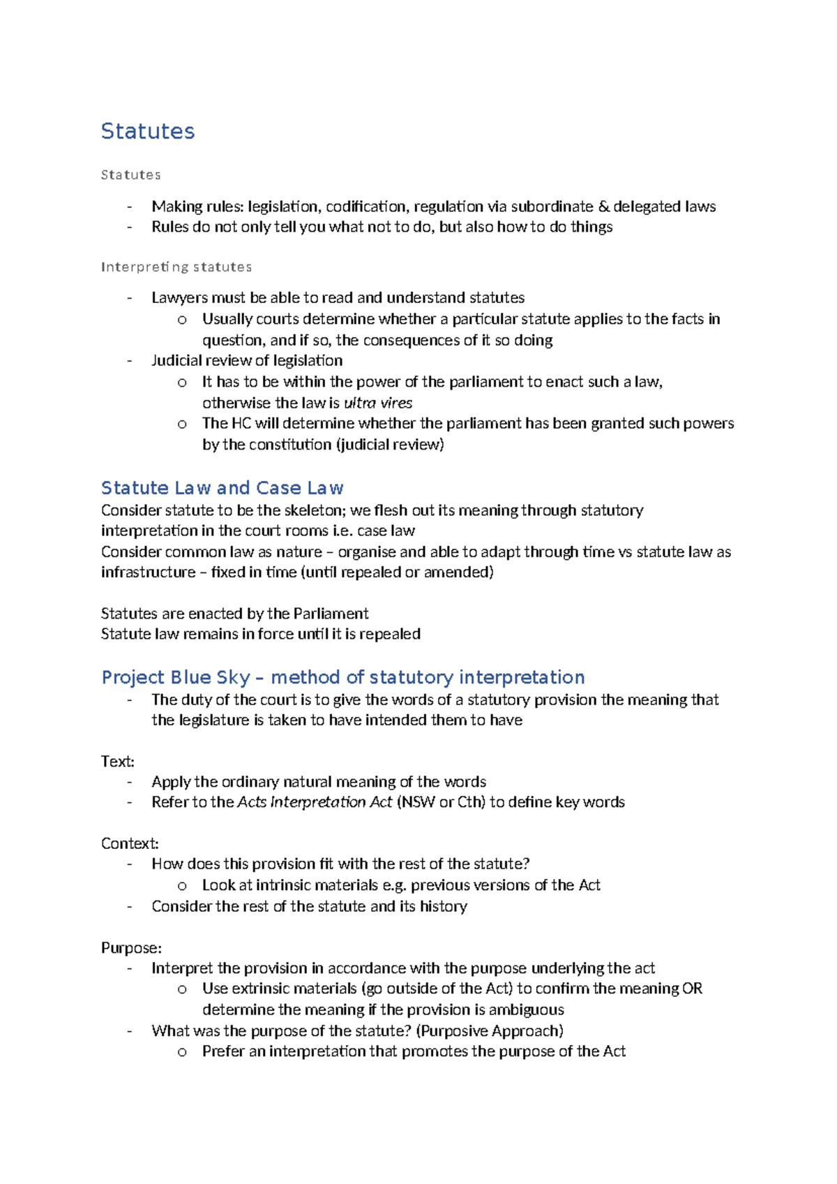 Class 3 notes - Statutes Statutes - Making rules: legislation ...