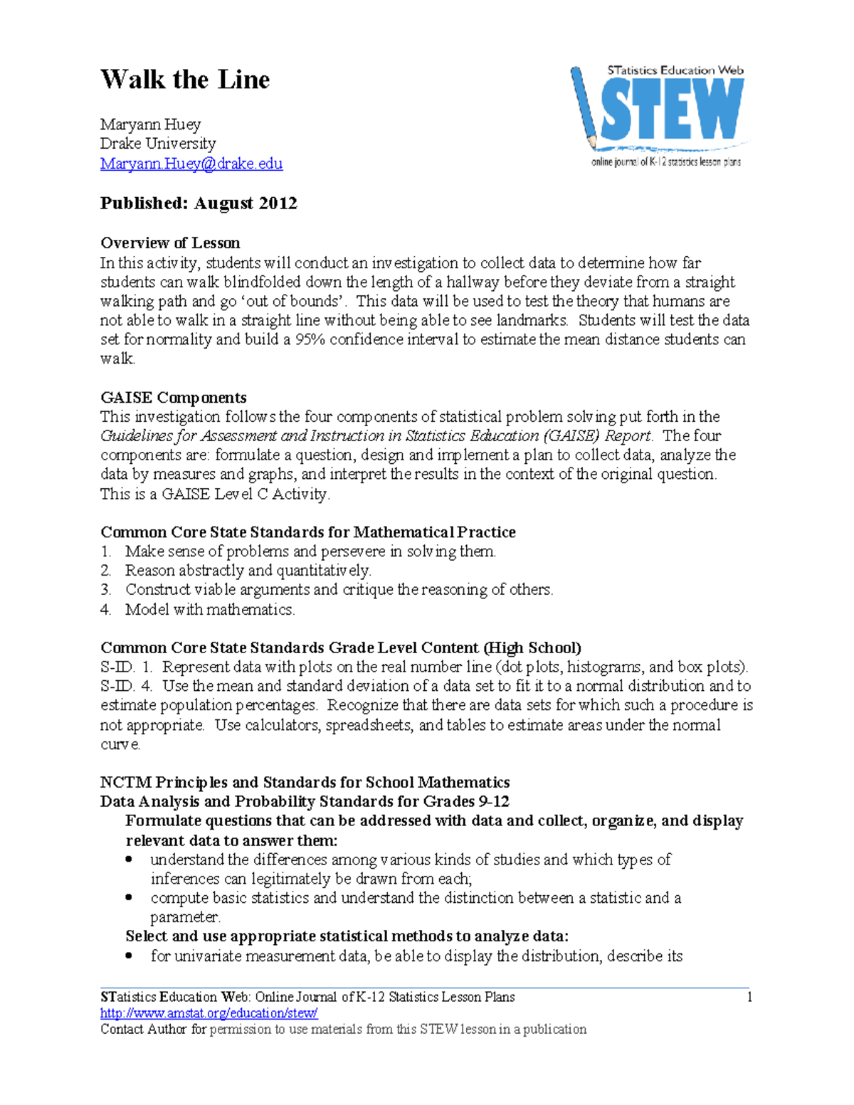 Walk the Line: GAISE Level C Lesson Plan for Statistics (MATH 101 ...