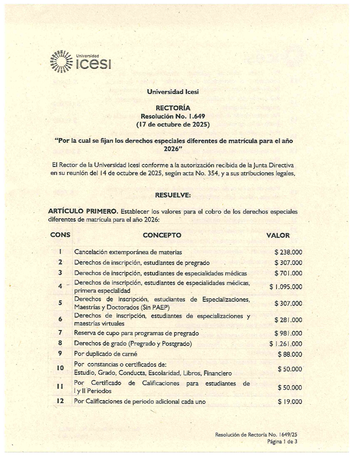 Resolución No. 1.649 de 2025: Derechos Pecuniarios 2026 - Studocu