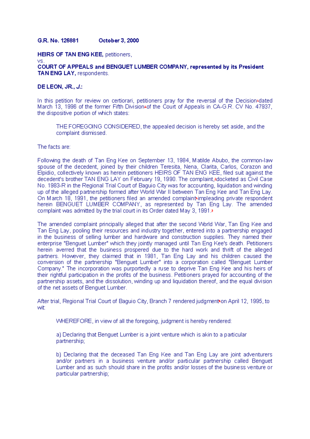G.R. No. 126881: Heirs of Tan Eng Kee vs. Court of Appeals Case Review ...
