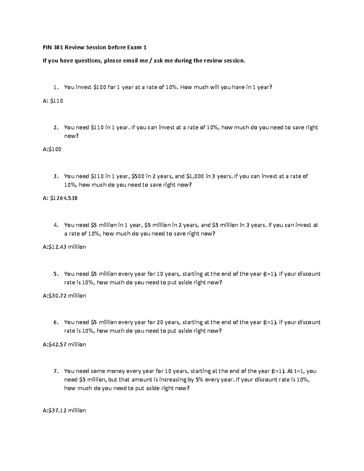 FIN 301 Exam 1 Review: Practice Questions and Solutions - Studocu