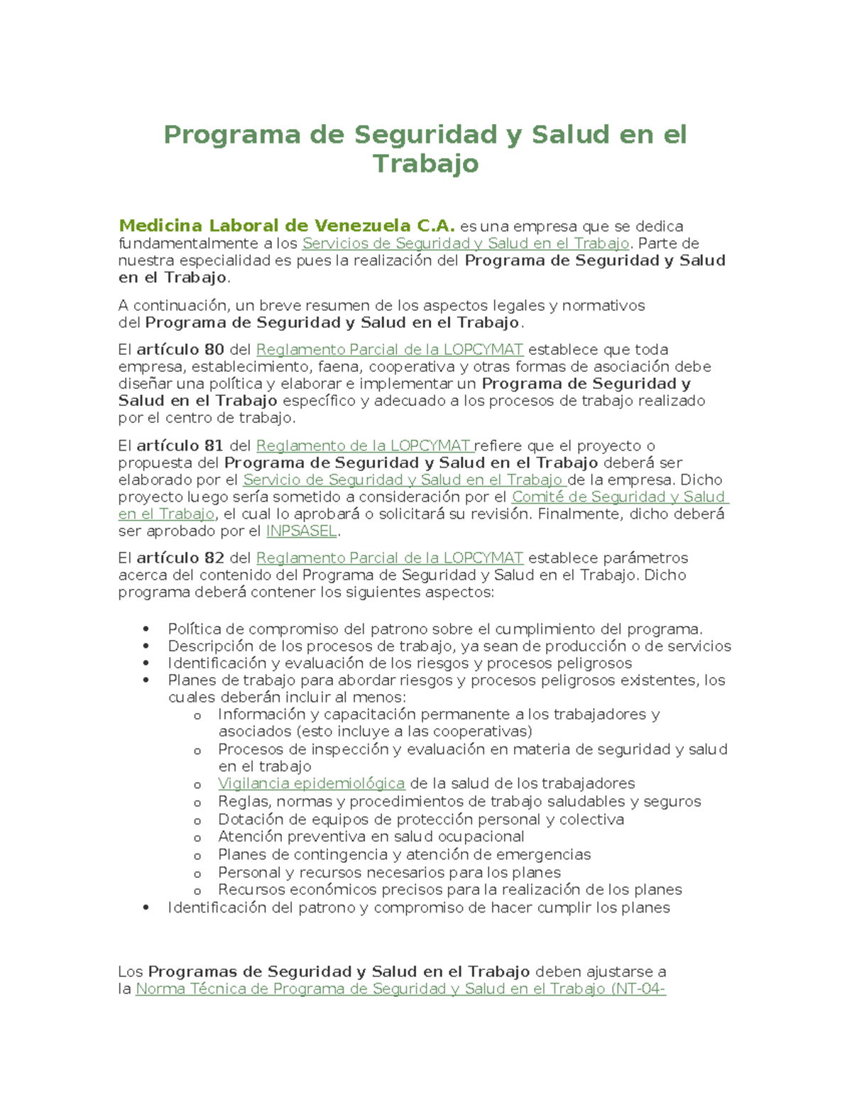 Programa de Seguridad y Salud en el Trabajo: NT-04-2023 y Normativas - Studocu