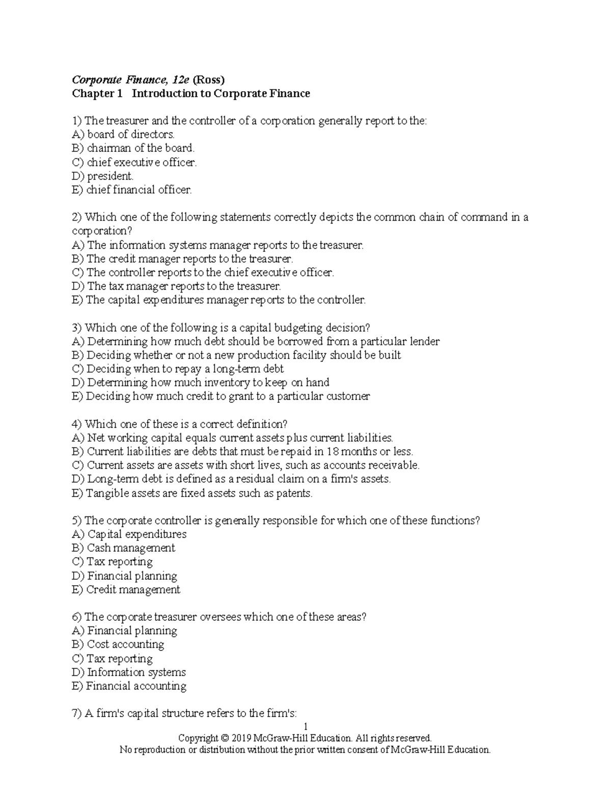Corporate Finance, 12e (Ross) Testbank - Chapter 1 Overview - Studocu