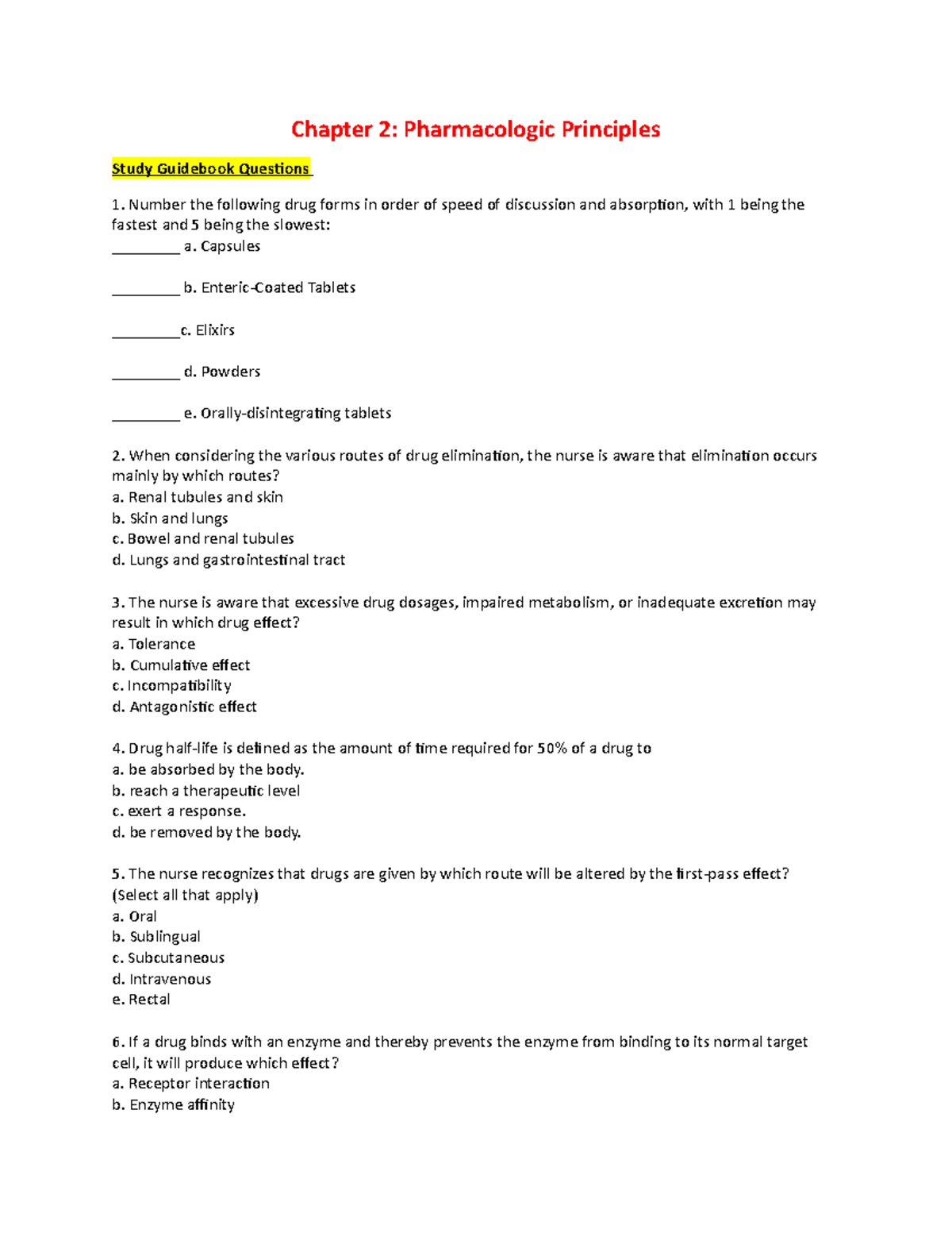 Chapter 2 Study Guide: Key Questions on Pharmacologic Principles - Studocu