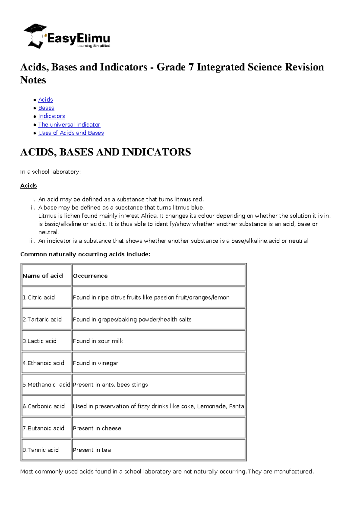 JSS Integrated Science Revision: Acids, Bases & Indicators - Studocu