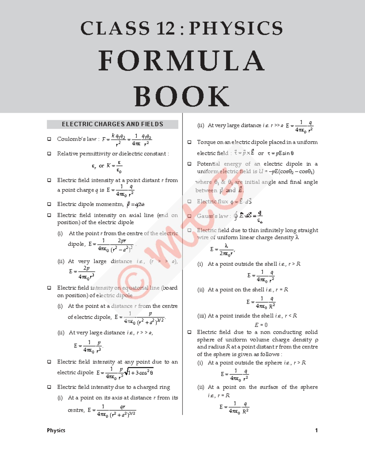 CLASS 12 PHYSICS FORMULA BOOK: ELECTRIC CHARGES & FIELDS - Studocu