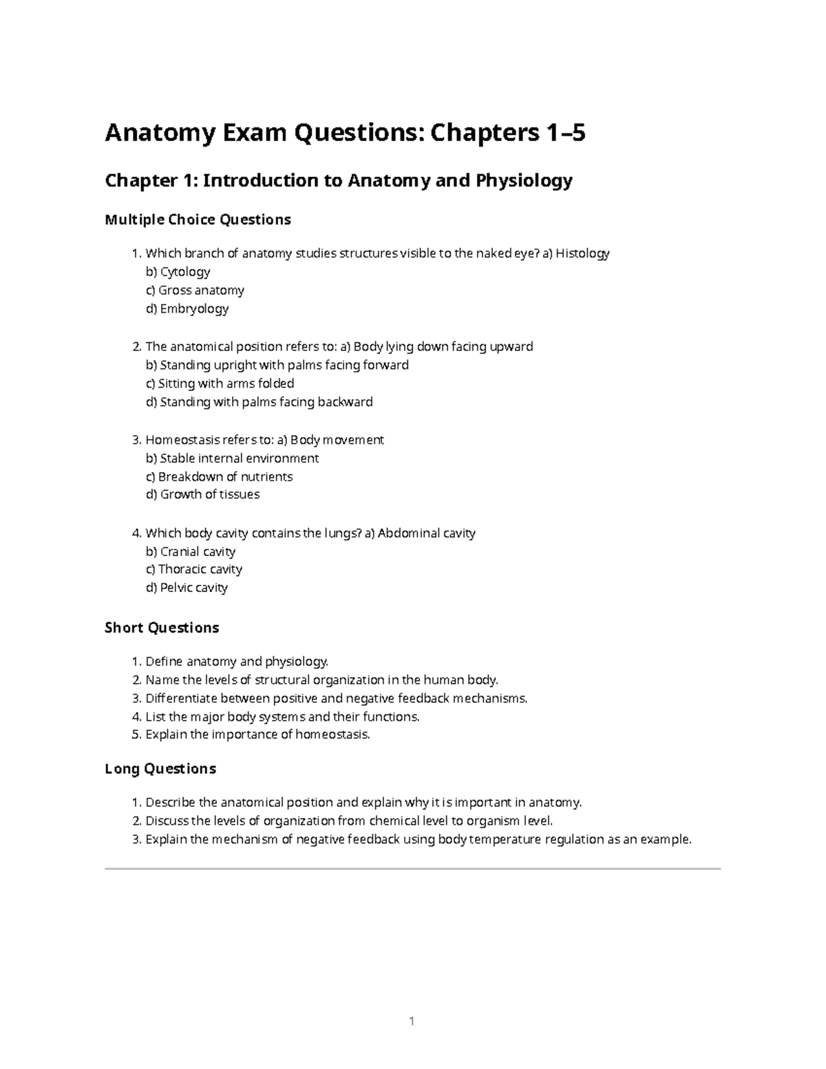 Anatomy Exam Questions: Chapters 1-5 Overview and MCQs - Studocu