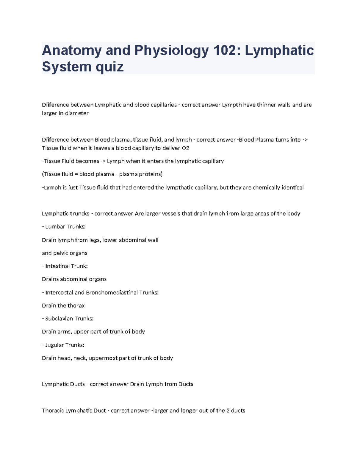 Anatomy and Physiology 102: Lymphatic System Quiz Insights - Studocu