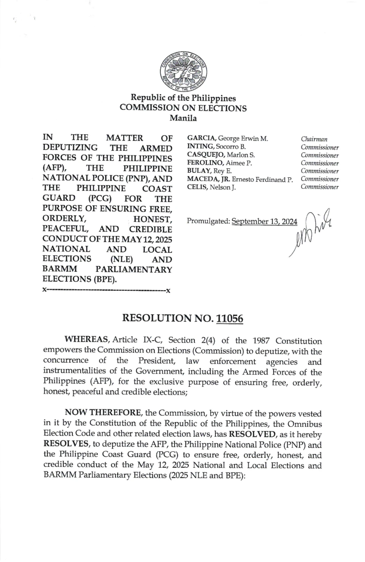 COMELEC Resolution No. 11058: Guidelines for AFP, PNP, and PCG in NLE ...