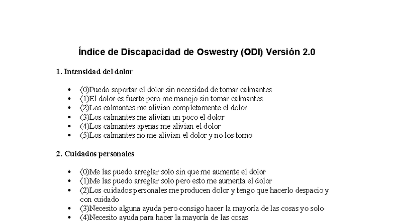Índice de Discapacidad de Oswestry (ODI) Versión 2.0: Evaluación del ...