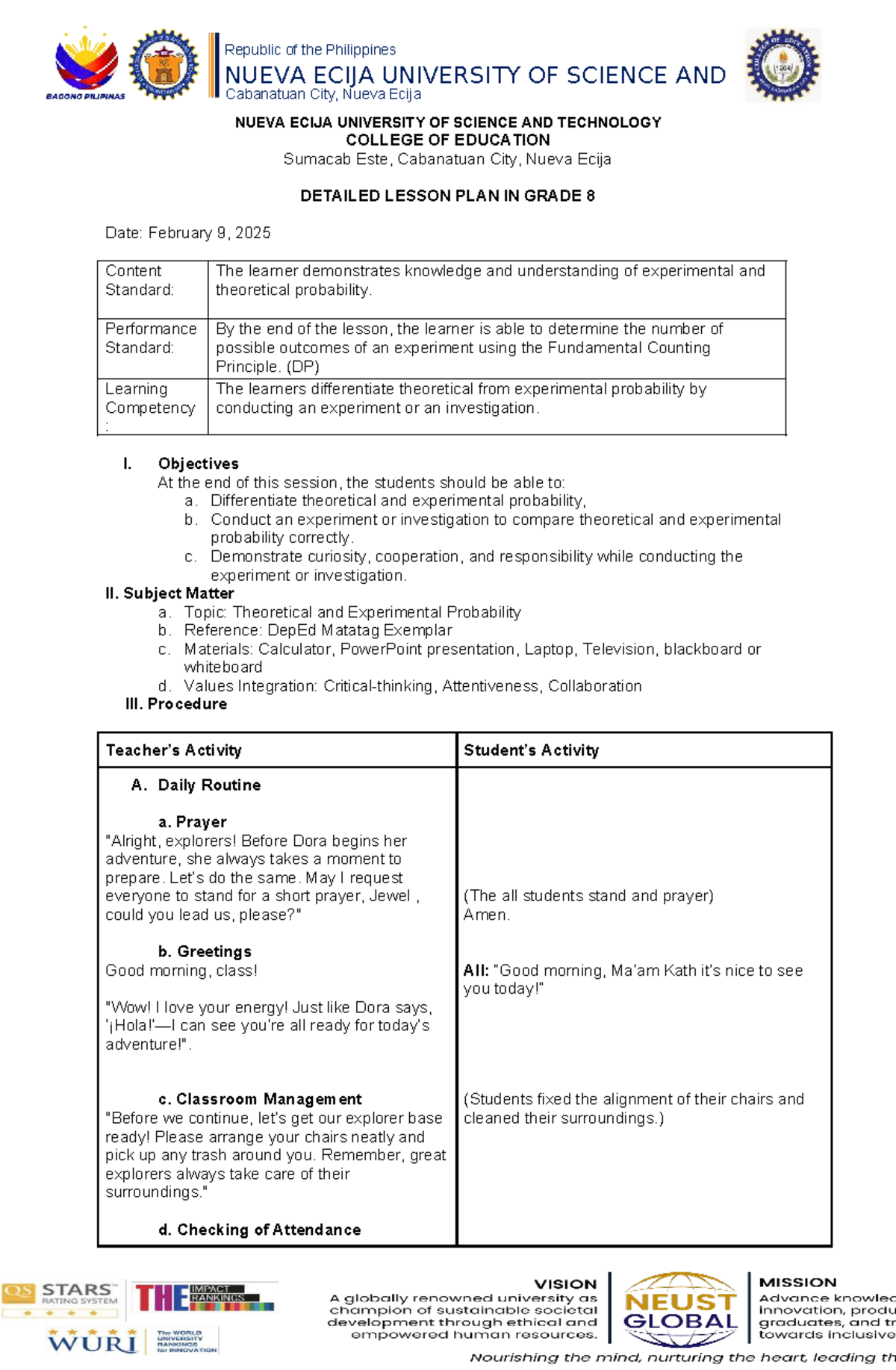 Detailed Lesson Plan in Grade 8: Theoretical & Experimental Probability ...