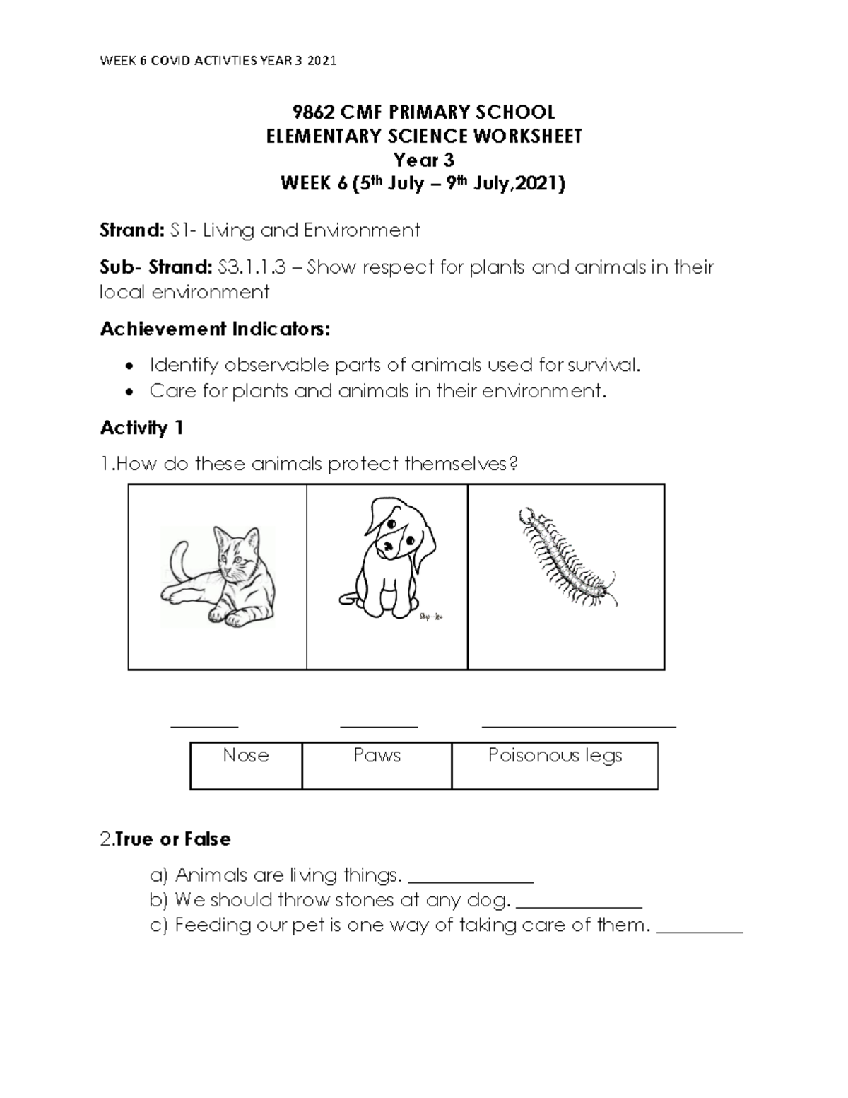 Year 3 9862 CMF Primary School - Week 6 Science Activities - Studocu