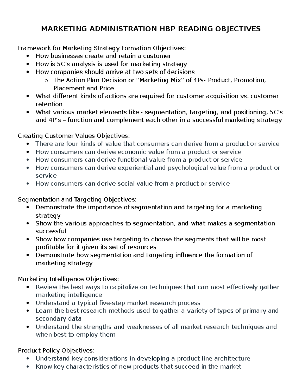 Marketing Administration HBP Reading Objectives - MARKETING ...