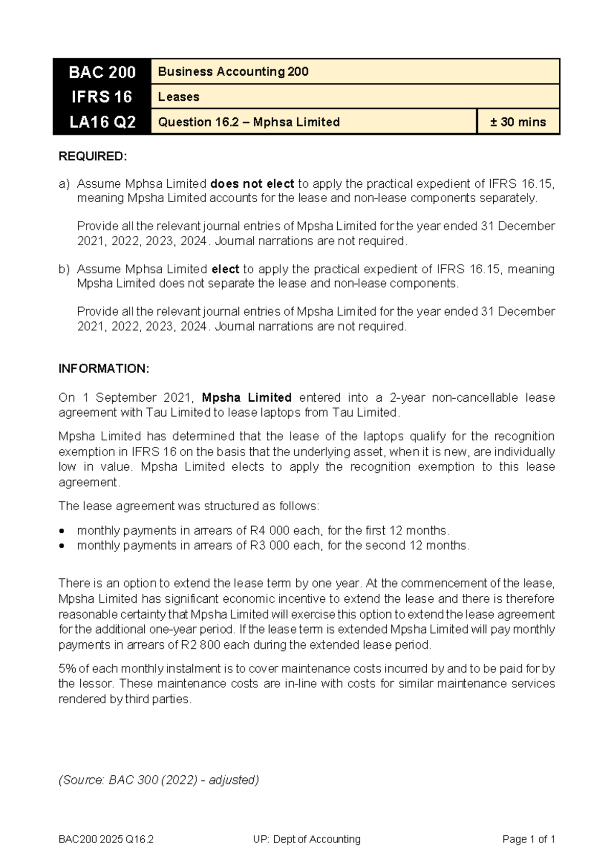 BAC 200 Business Accounting 200 IFRS 16 Leases LA16 Q2 Mpsha Limited ...