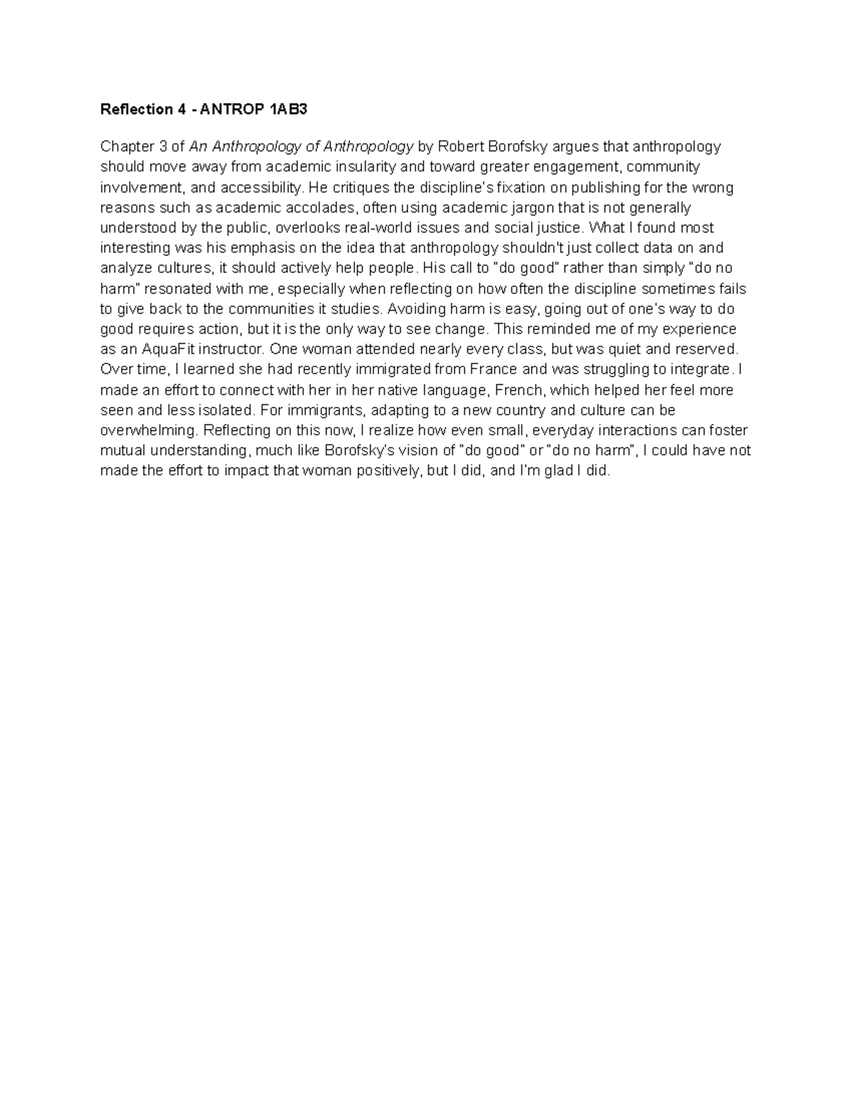 Reflection 4: ANTROP 1AB3 - Engaging Anthropology for Community Impact ...