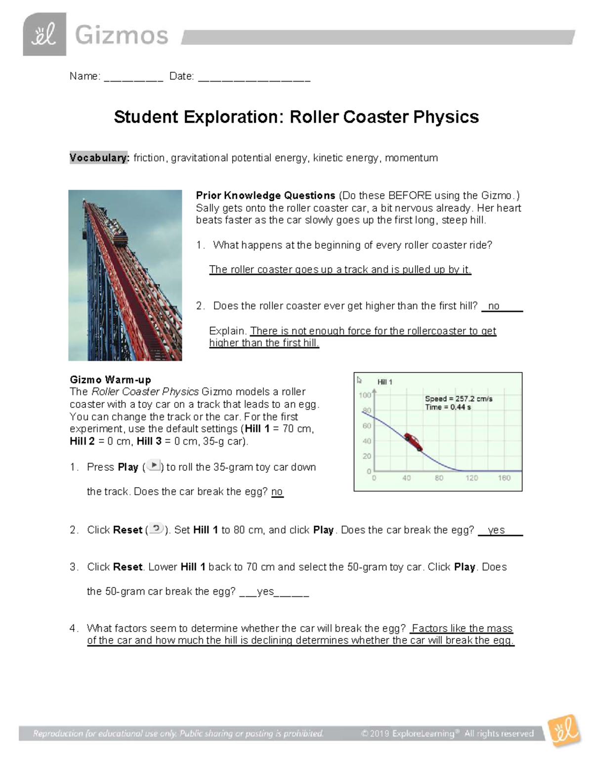 Roller Coaster Physics Exploration: Gizmo Activity & Key Concepts - Studocu