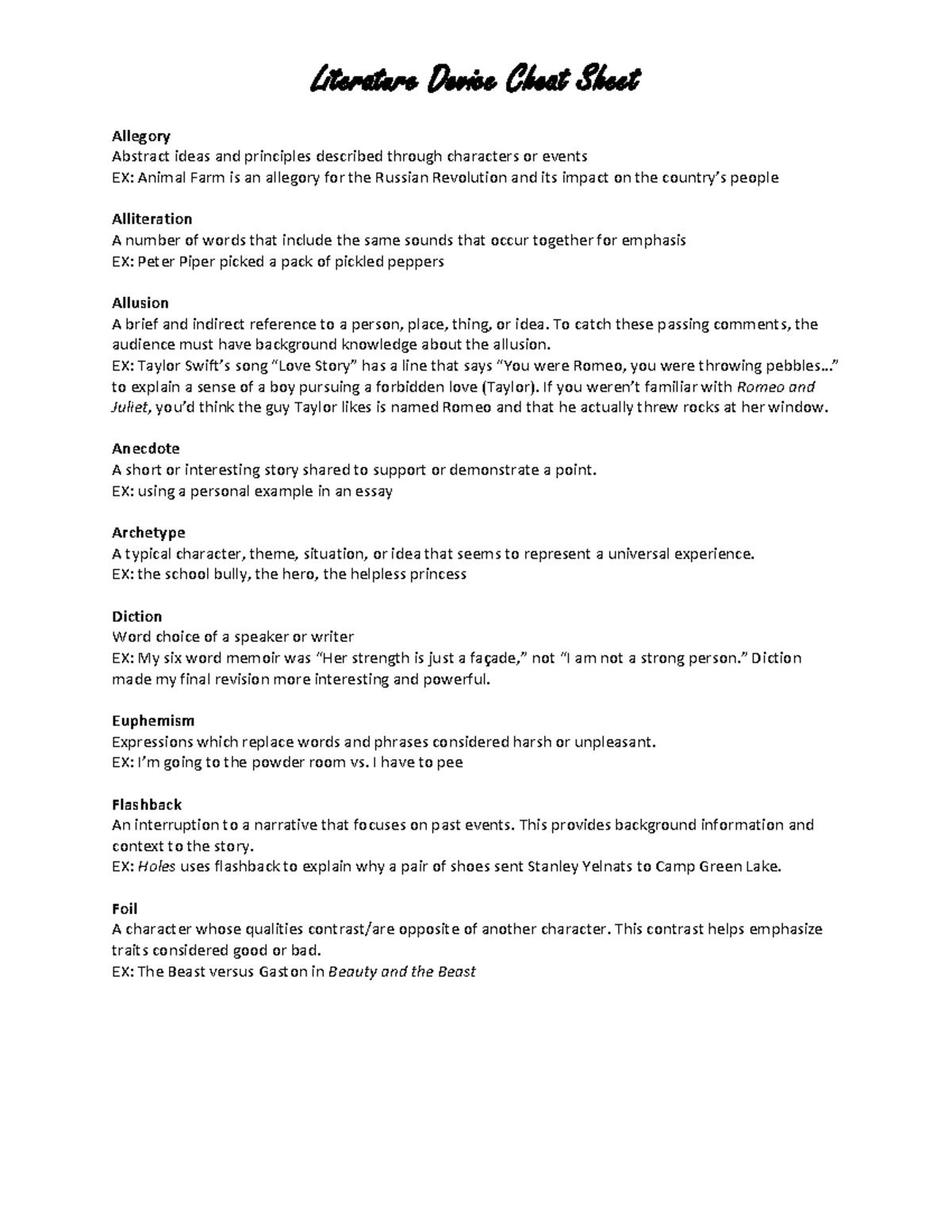 Literary Devices Cheat Sheet: Definitions & Examples for ENG101 - Studocu