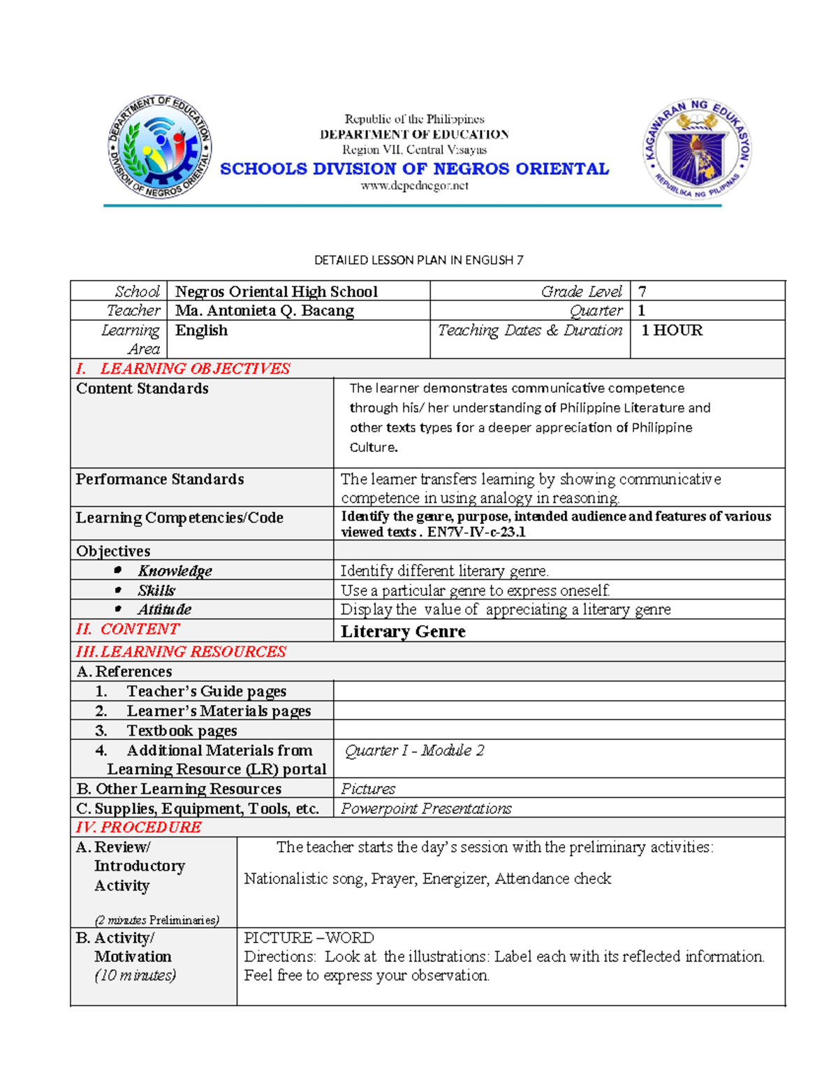 DLP-COT Q1: Detailed Lesson Plan for English 7 on Literary Genres - Studocu