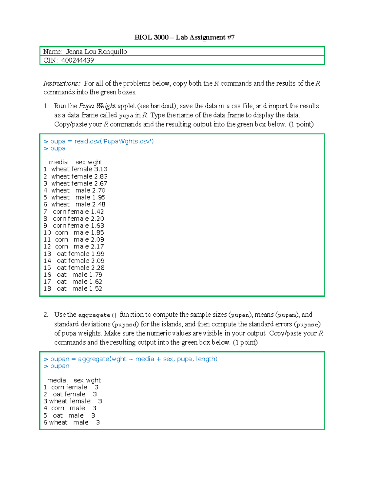 Lab Assignment#7 - lab - BIOL 3000 – Lab Assignment Name: Jenna Lou ...