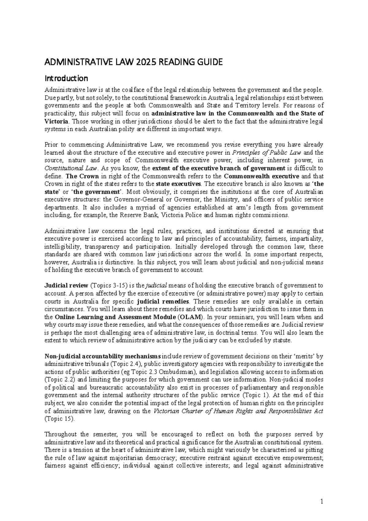 LAWS50032 Administrative Law - Reading Guide for Semester 1, 2025 - Studocu