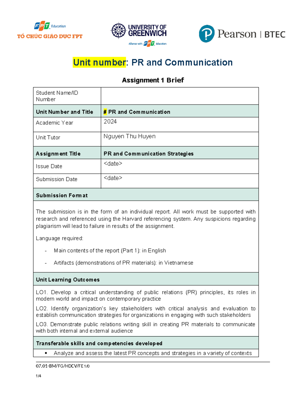 ASM1 Individual porfolio - Unit number: PR and Communication Assignment 1 Brief Student Name/ID ...
