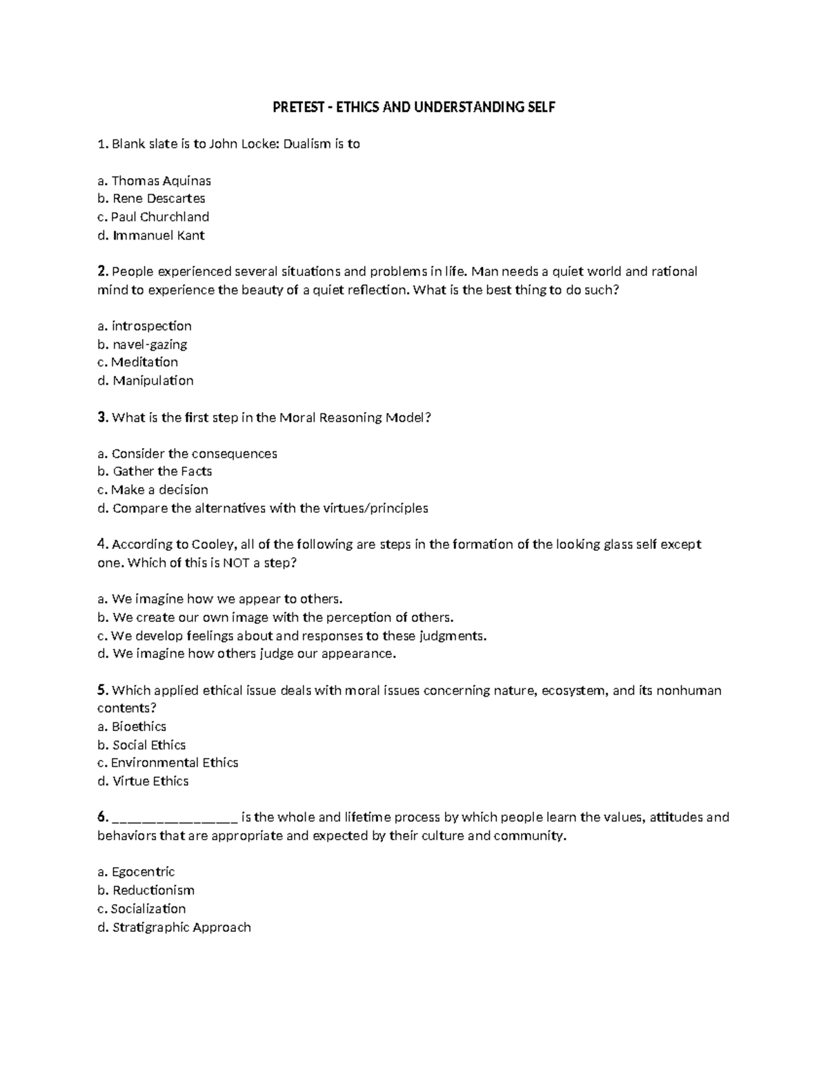 Pretest: Ethics and Understanding Self for INBOUND 479340586576623245 ...