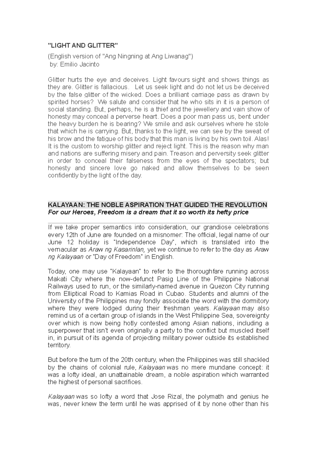 Ningning at Liwanag: Sanaysay sa Kalayaan at mga Bayani - Studocu