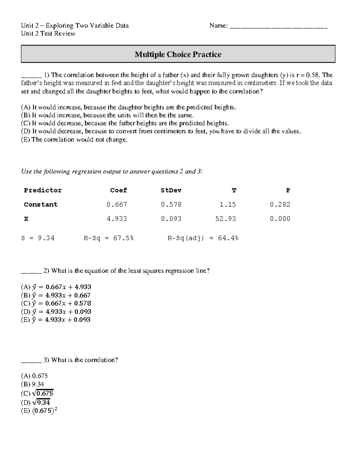 Unit 2 Test Review: Exploring Two Variable Data Concepts - Studocu