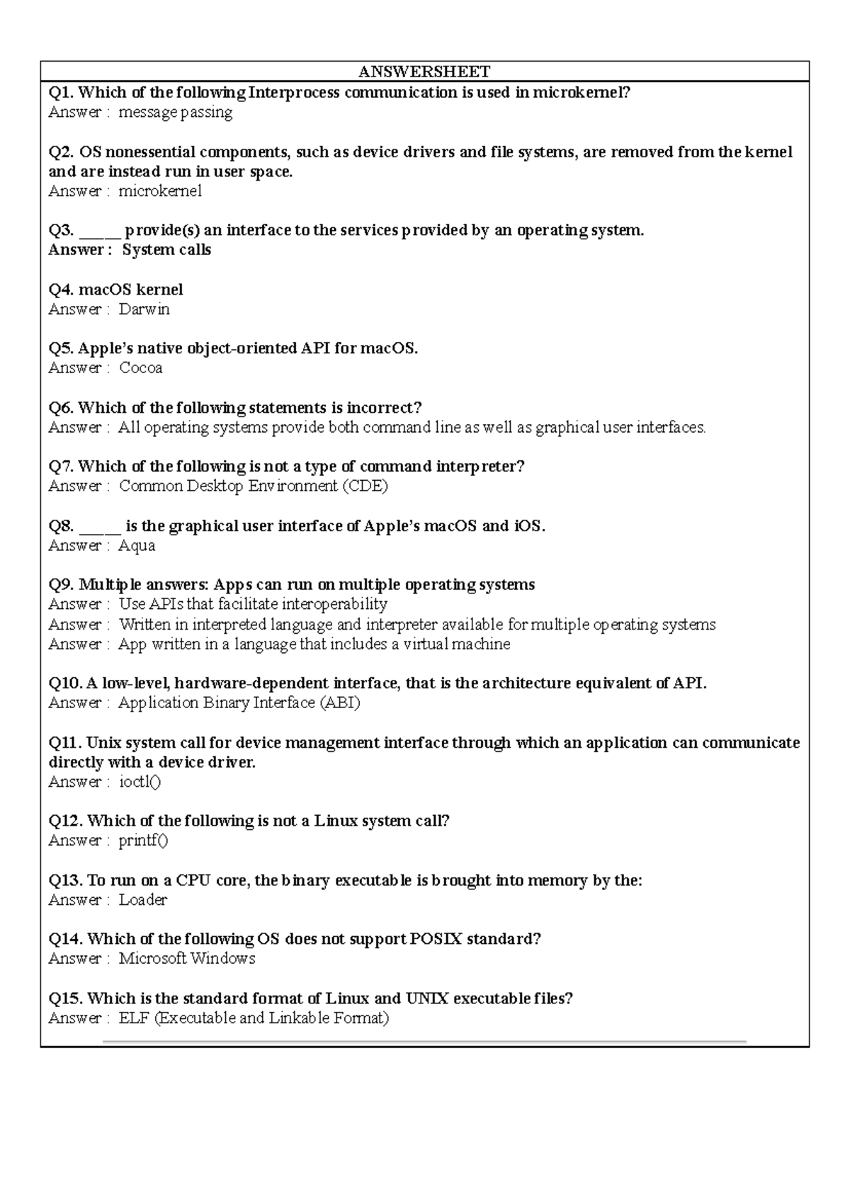 Operating Systems Q&A - Answersheet for CAT Exam - Studocu