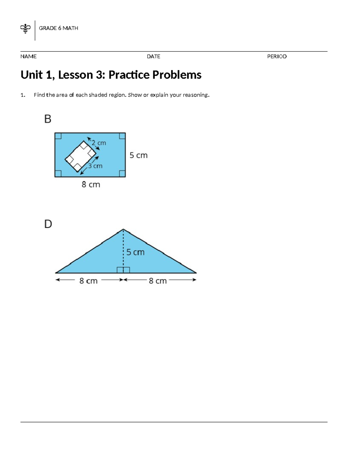 Gr6 Math Unit 1 Lesson 3: Area Practice Problems and Reasoning - Studocu
