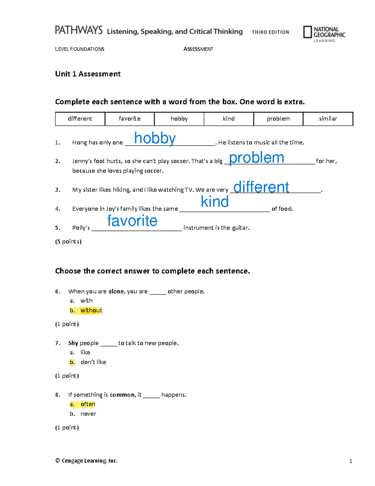 LEVEL FOUNDATIONS ASSESSMENT Unit 1 Complete Sentences & Collocations ...