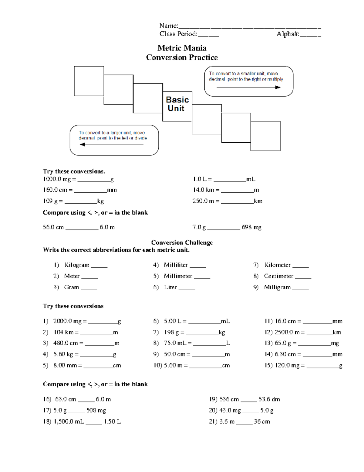 Metric Mania WS - Name:________________________________________ Class ...