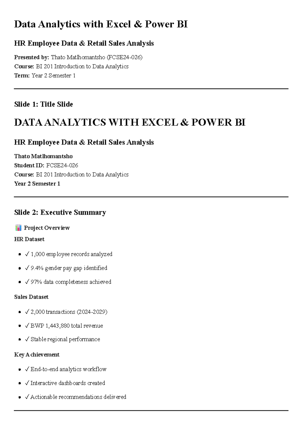 Data Analytics Presentation: BI 201 HR & Retail Sales Insights - Studocu