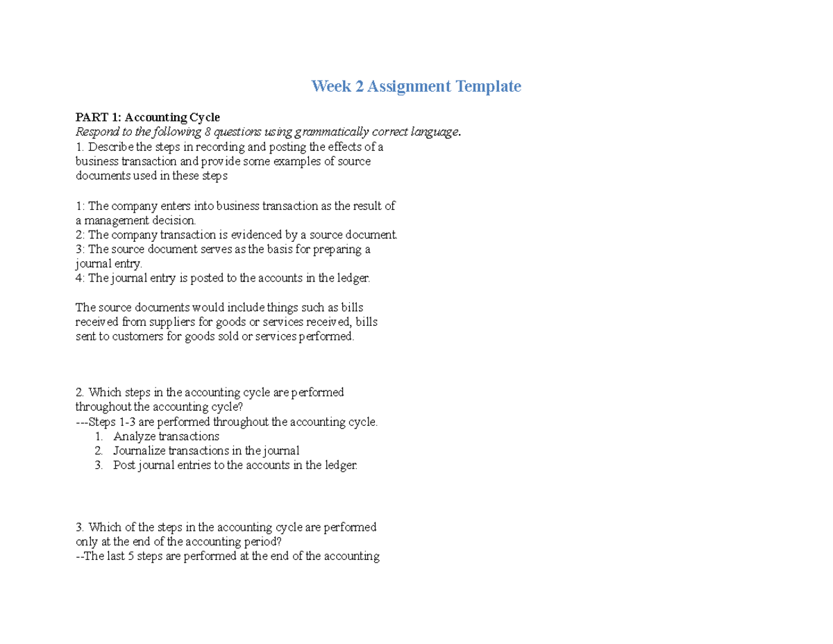 Cf week 2 assignment template - Week 2 Assignment Template PART 1: Accounting Cycle Respond to ...