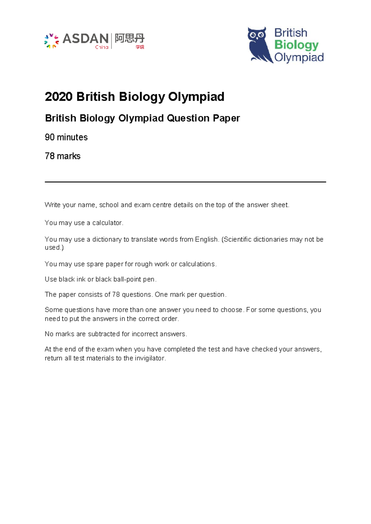British Biology Olympiad 2020 - Question Paper (90 min, 78 marks) - Studocu
