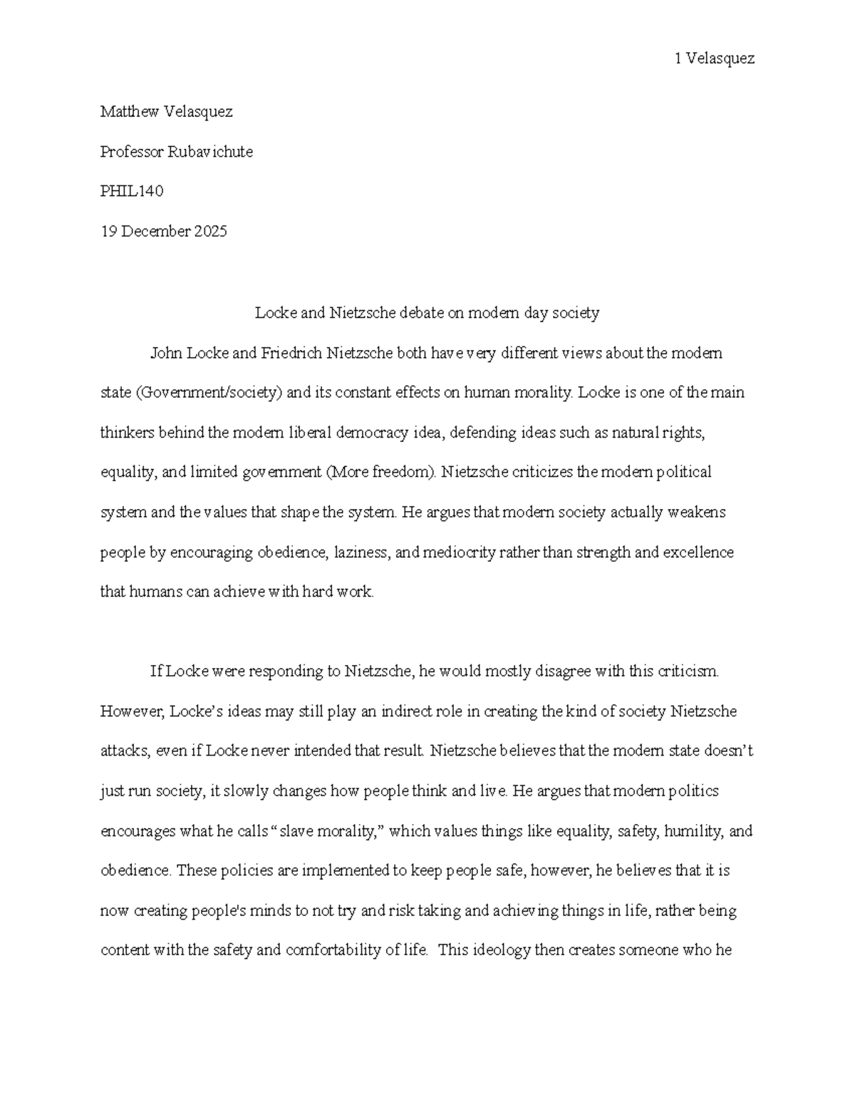 PHIL140 Essay: Locke vs. Nietzsche on Modern Society - Studocu