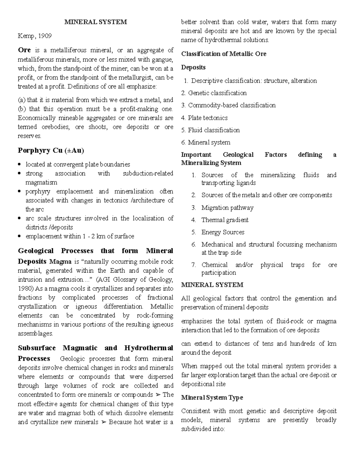 Mineral System Overview: Key Concepts and Geological Processes - Studocu