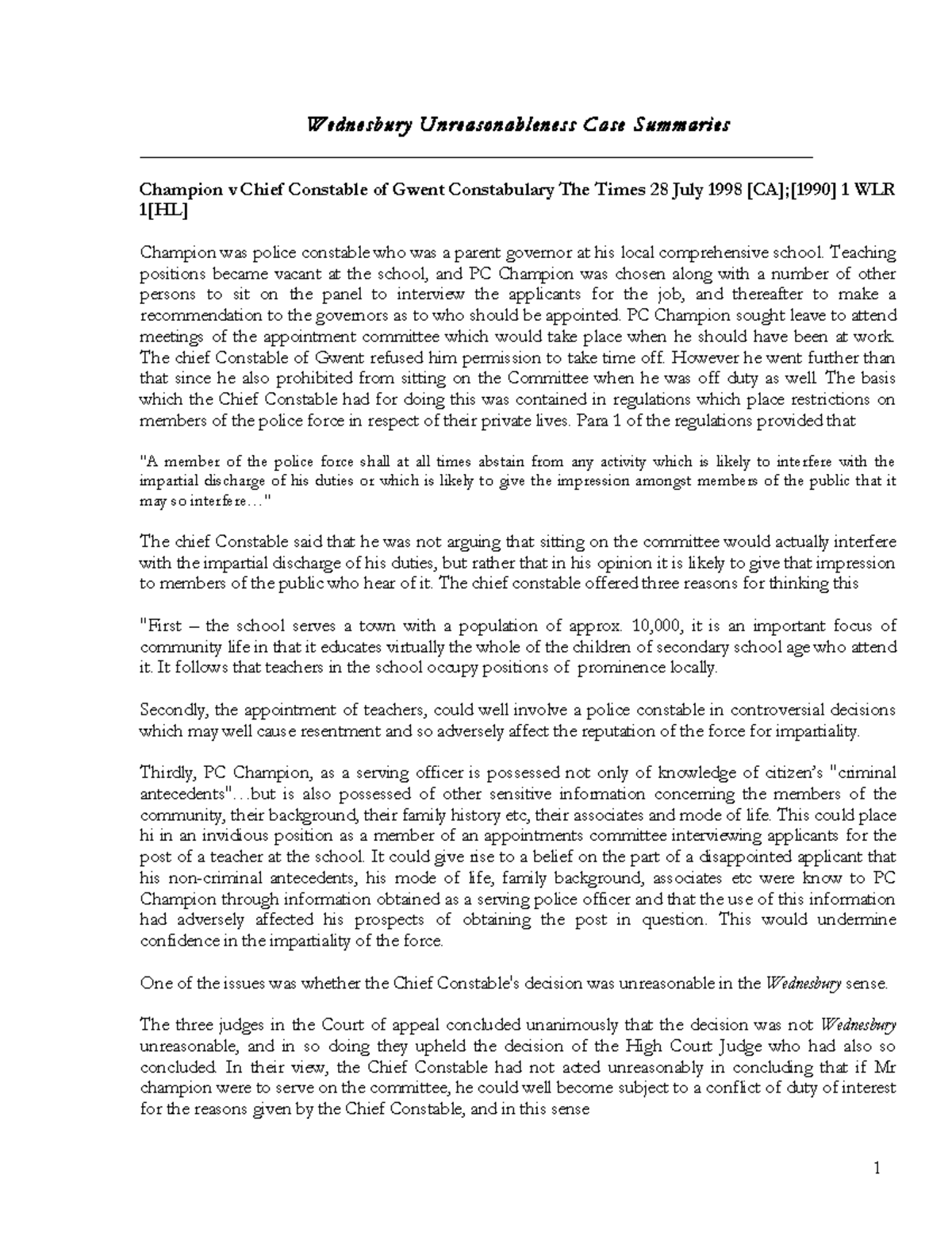Wednesbury Unreasonableness: Key Case Summaries & Analysis - Studocu