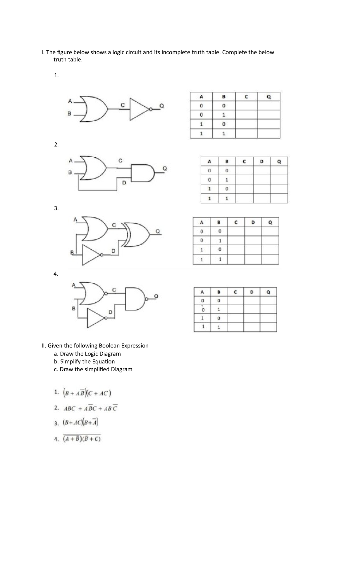 Quiz Logical Circuit - I. The figure below shows a logic circuit and its incomplete truth table ...