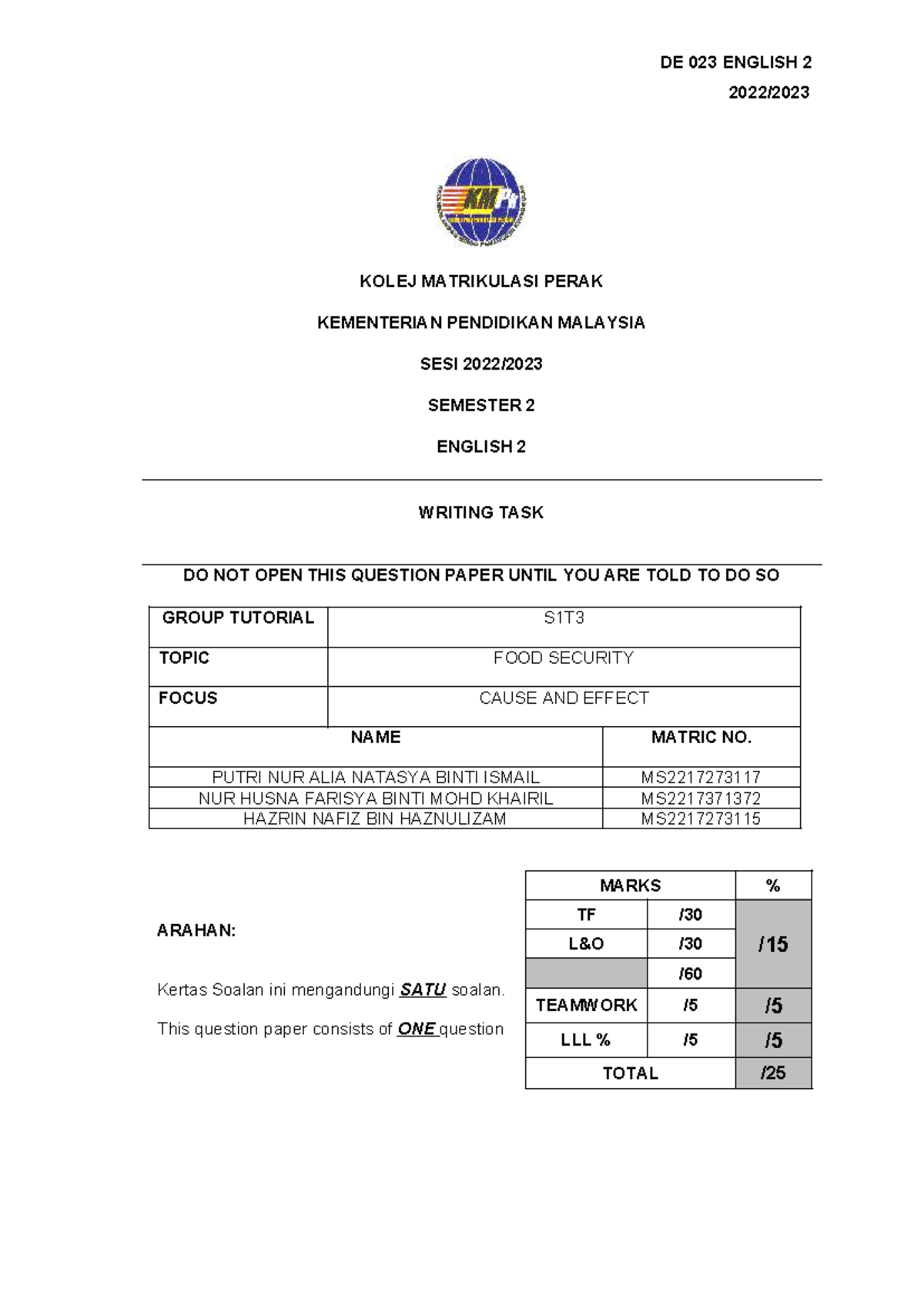DE 023 ENGLISH 2 SEMESTER 2 WRITING TASK ON FOOD SECURITY - Studocu