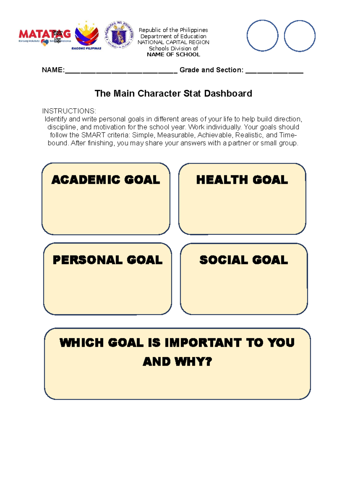 Activity Sheet The Main Character Stat Dashboard - School Logo Division ...
