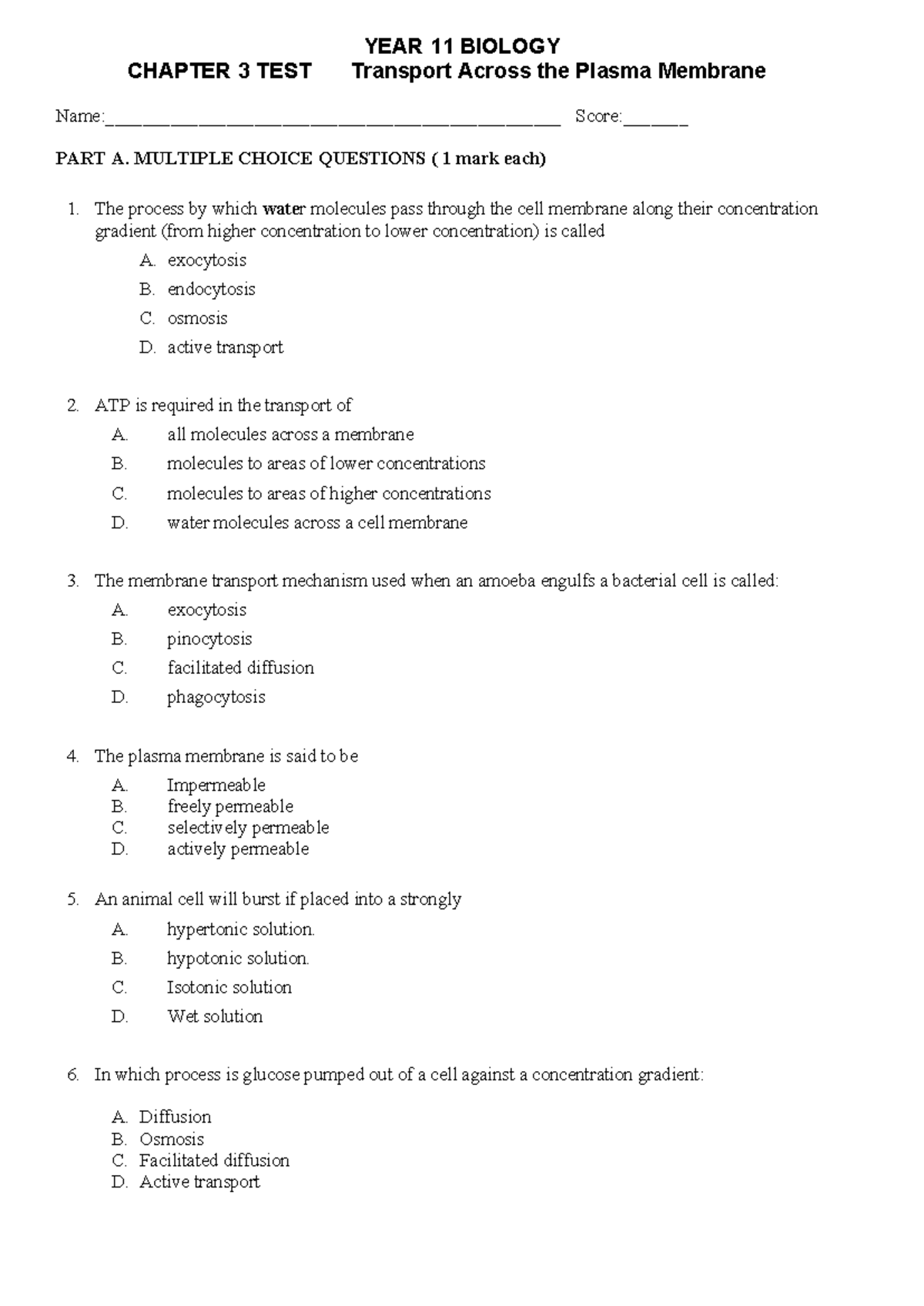 CHAPTER 3 TEST YEAR 11 BIOLOGY: Transport Across the Plasma Membrane ...