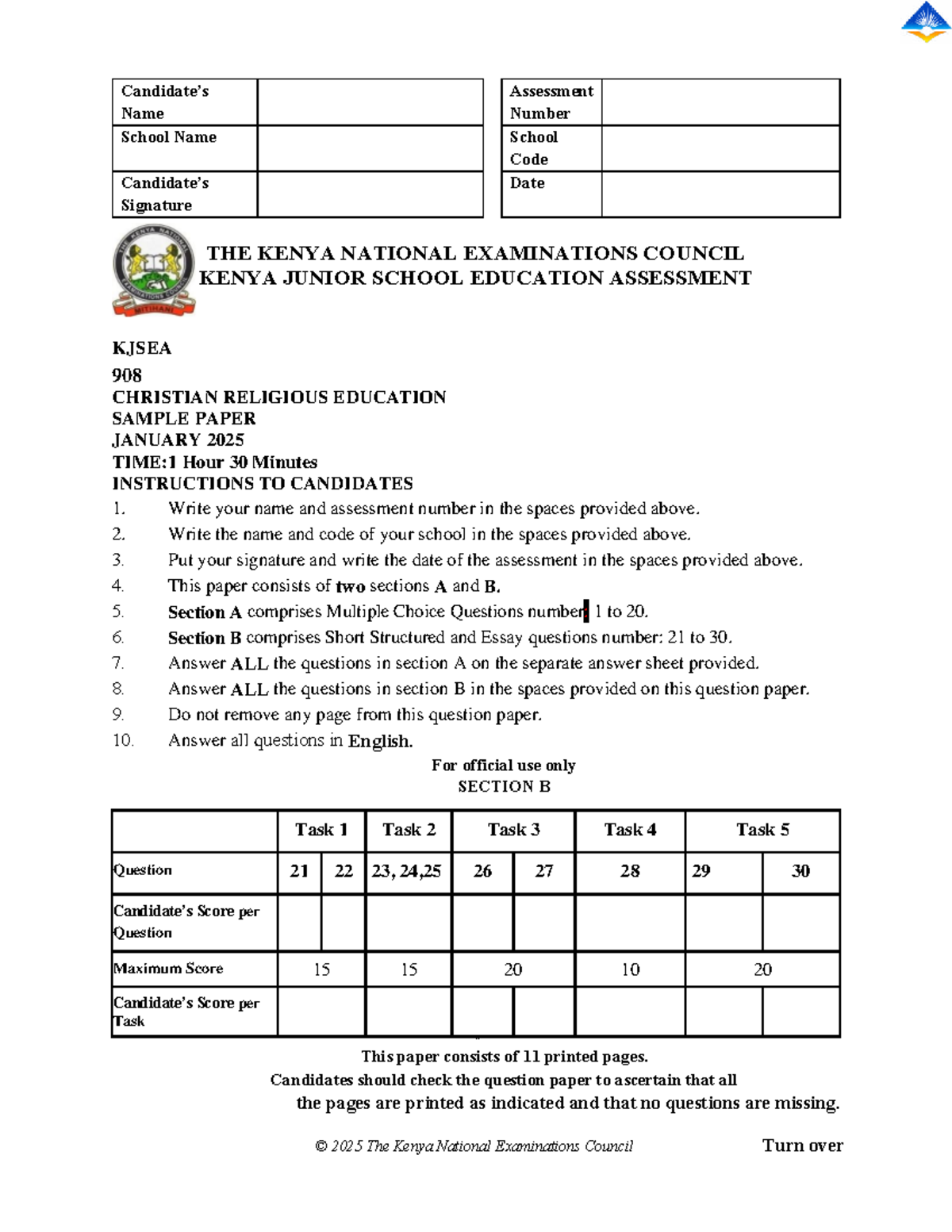 CRE KJSEA 908 Christian Religious Education Sample Paper 2025 - Studocu