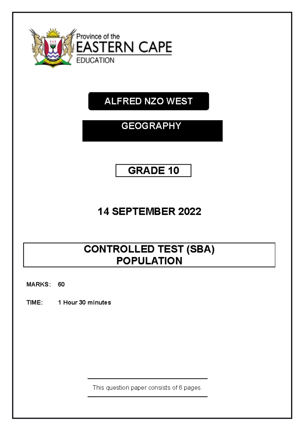 Grade 10 Geography Controlled Test 2 (SBA) - 14 Sept 2022 - Studocu